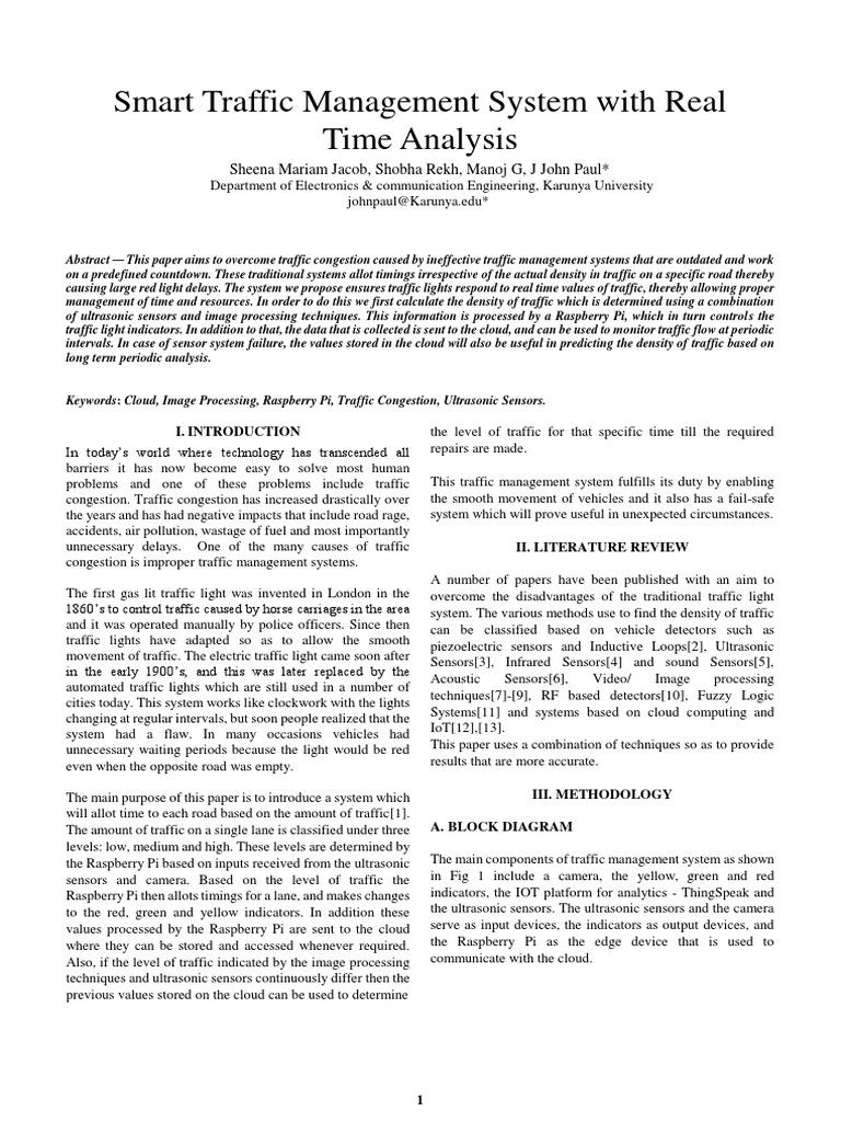 Smart Traffic Management System With Real Time Analysis: Sheena Mariam ...