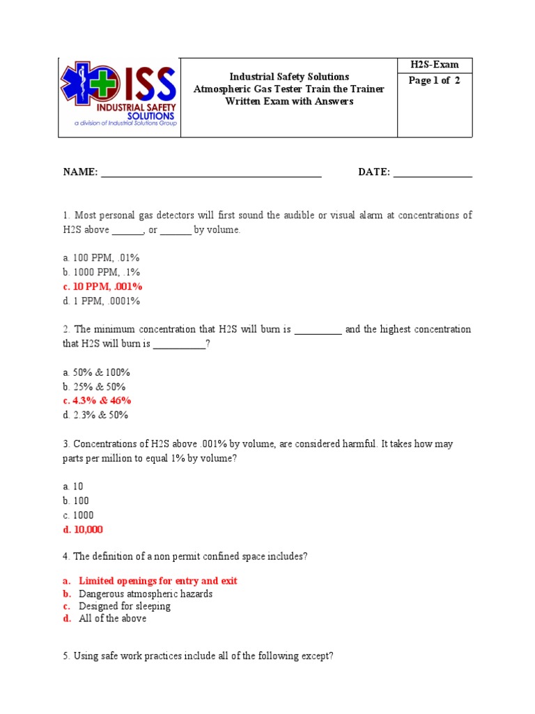 H2S Safety: Analyzing a Gas Tester Training Exam | PDF | Physical ...