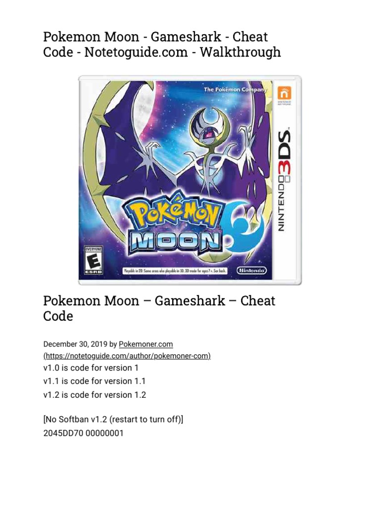 Pokemon Moon - Gameshark - Cheat Code - Notetoguide - Com - Walkth ...