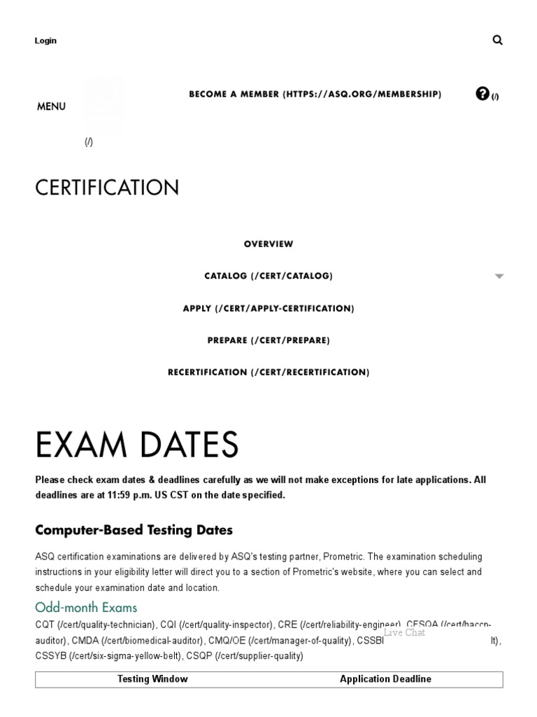Quality Certification Dates - Quality Exam Schedule - ASQ | PDF | Test ...