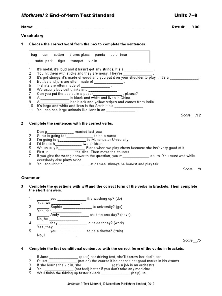 Motivate! 2 End-Of-Term Test Standard: Units 7-9 | PDF