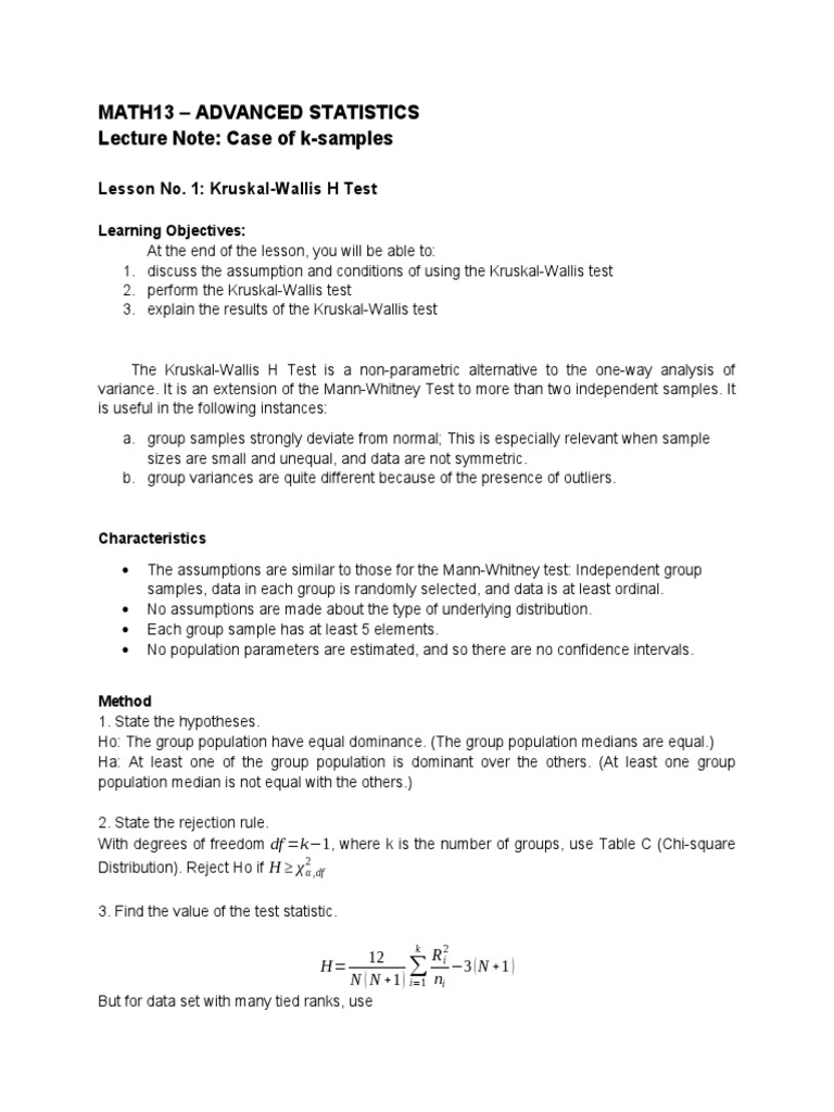 Math13 - Advanced Statistics Lecture Note: Case of K-Samples | PDF ...
