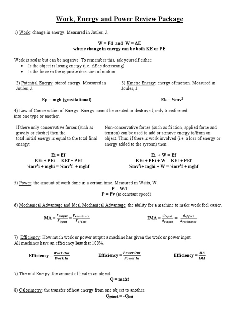 Work, Energy and Power Review Package | PDF | Force | Heat