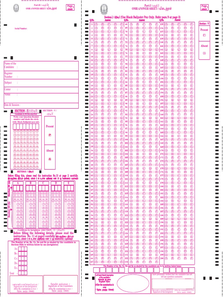 Name of The Candidate: Register Number: Subject: Center: Venue | PDF ...
