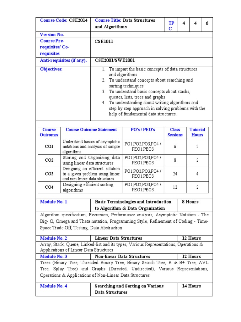 CSE2014 Data Structures and Algorithms - TCS - With - CO - PO - Mapping ...