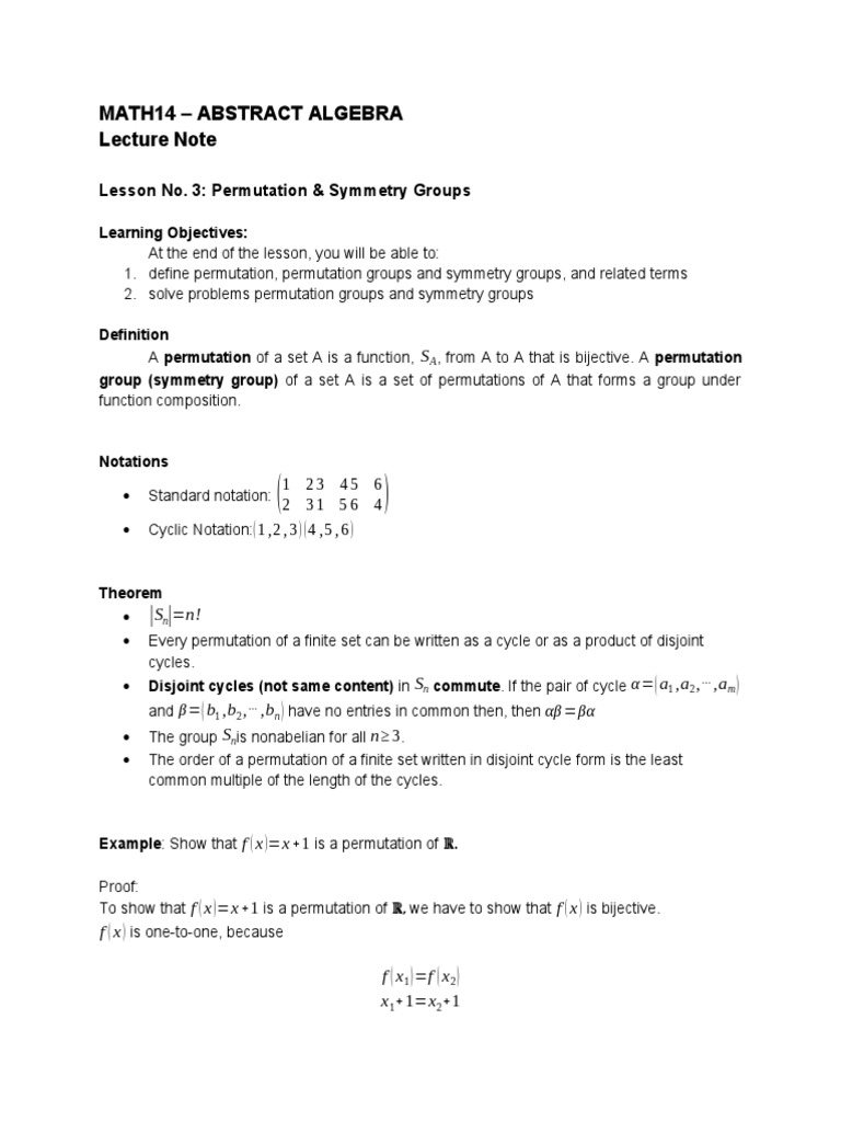 Math14 - Abstract Algebra Lecture Note: Lesson No. 3: Permutation & Symmetry Groups | PDF ...