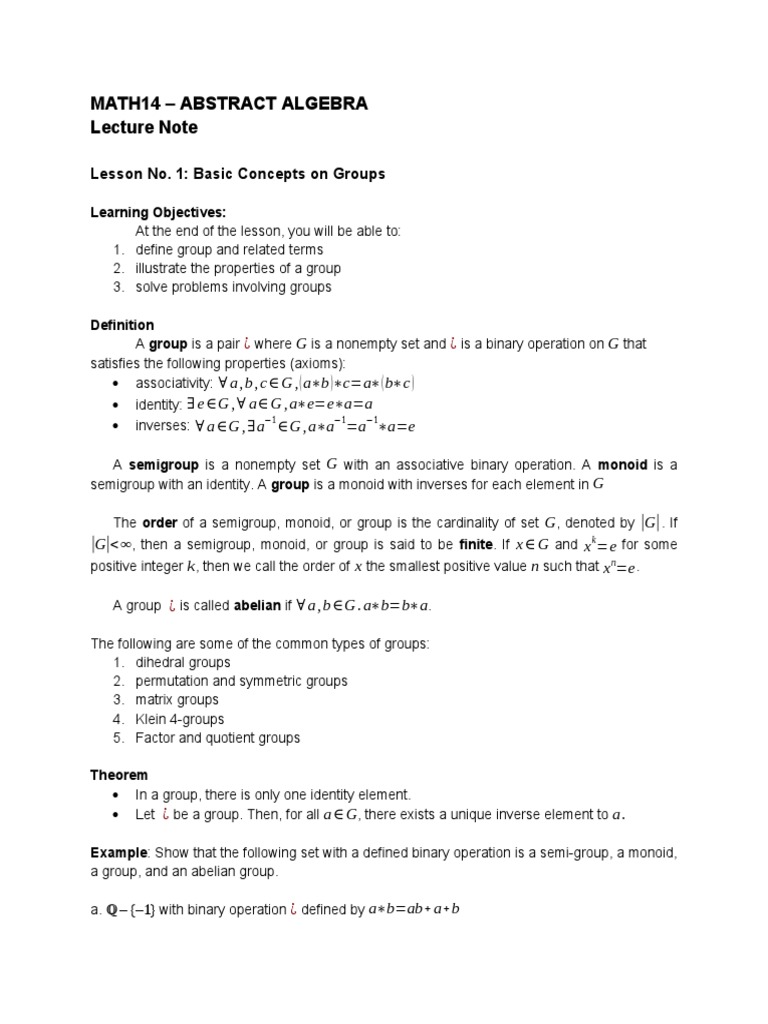 Math14 - Abstract Algebra Lecture Note: Lesson No. 1: Basic Concepts On Groups | PDF | Group ...