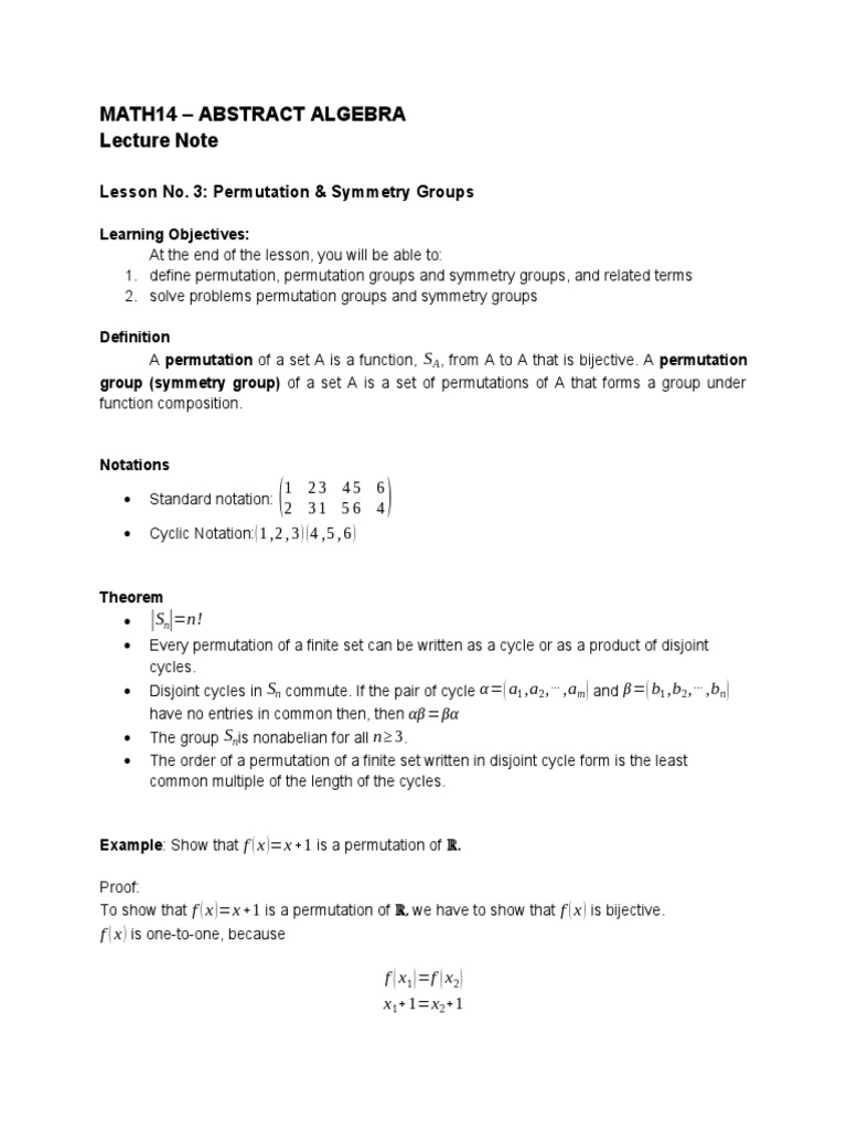 Math14 - Abstract Algebra Lecture Note: Lesson No. 3: Permutation & Symmetry Groups | PDF ...