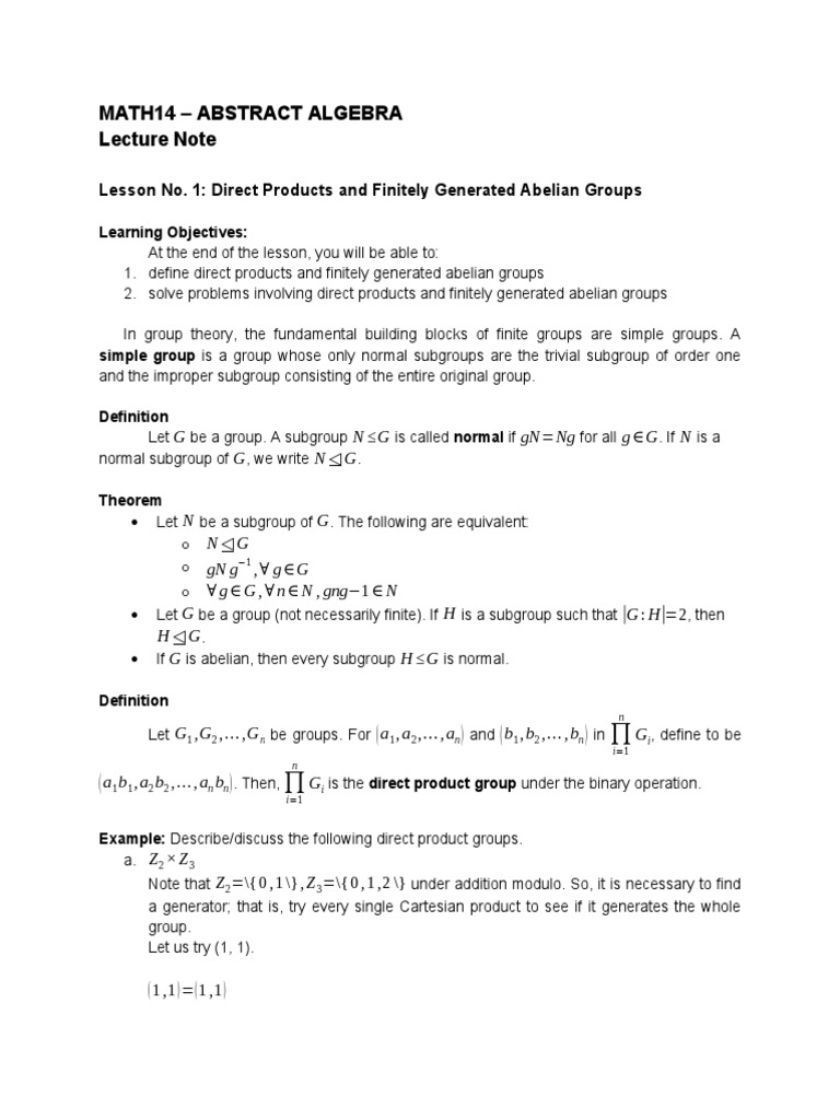 Math14 - Abstract Algebra Lecture Note: Lesson No. 1: Direct Products ...