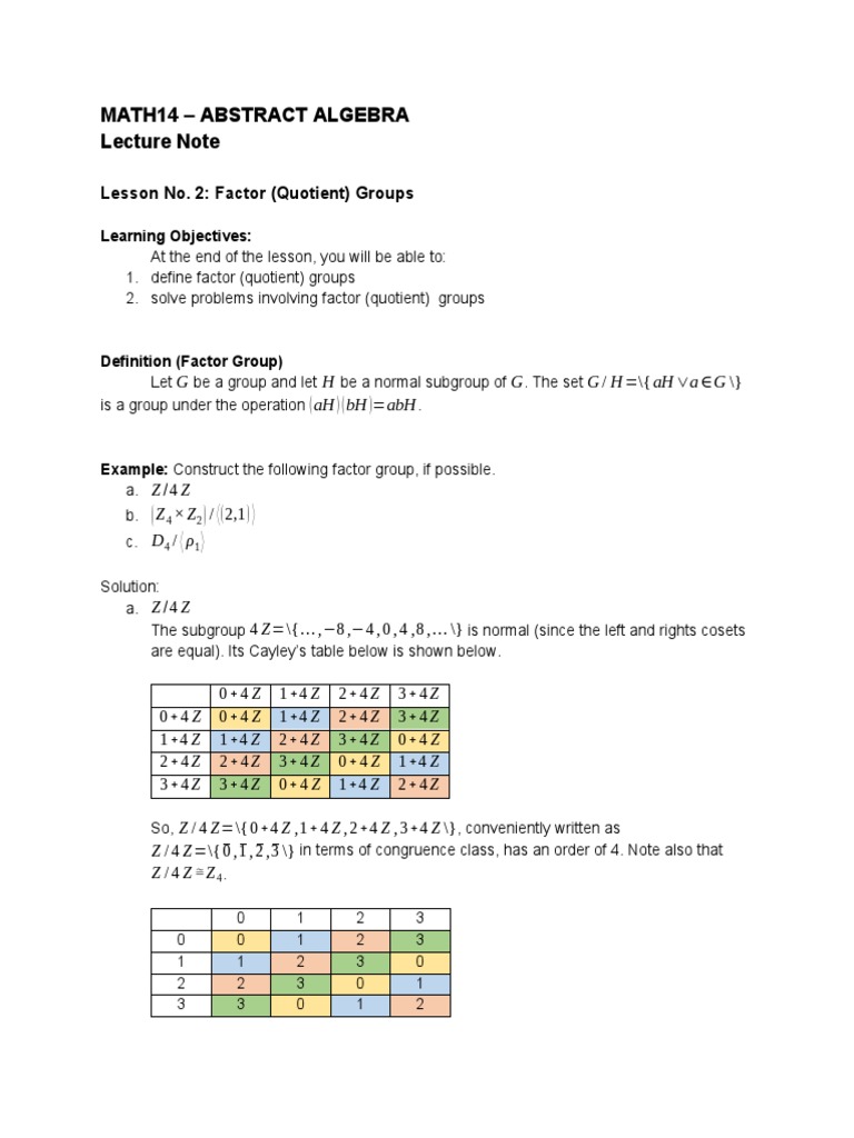 Math14 - Abstract Algebra Lecture Note: Lesson No. 2: Factor (Quotient) Groups | PDF | Group ...