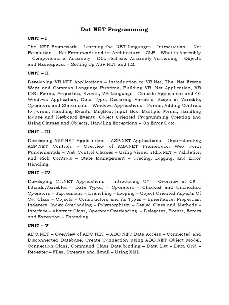 Dot Net Programming Unit I Pdf C Sharp Programming Language 3213