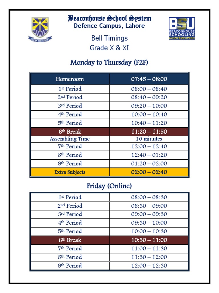 Beaconhouse School Bell Timings | PDF