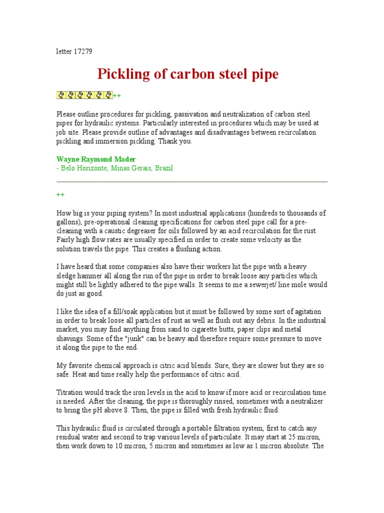 Carbon Steel Pipe Pickling Procedures | PDF | Pipe (Fluid Conveyance ...