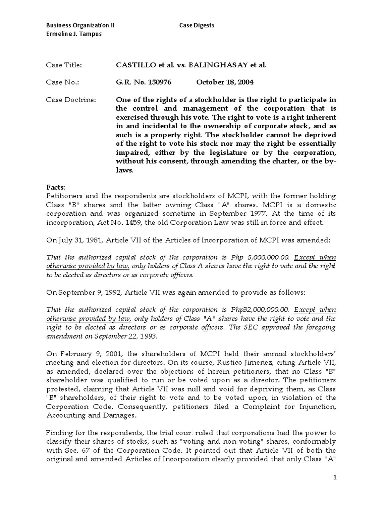 Castillo vs. Balinghasay | PDF | Corporations | Stocks