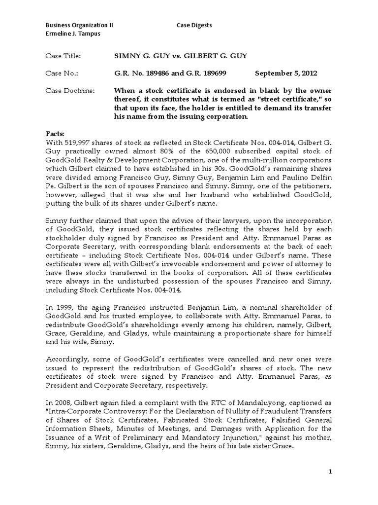 SIMNY G. GUY vs. GILBERT G. GUY | PDF | Stocks | Corporations