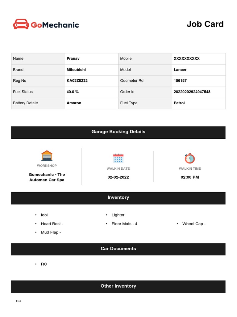 Job Card: Garage Booking Details | PDF | Vehicles | Car