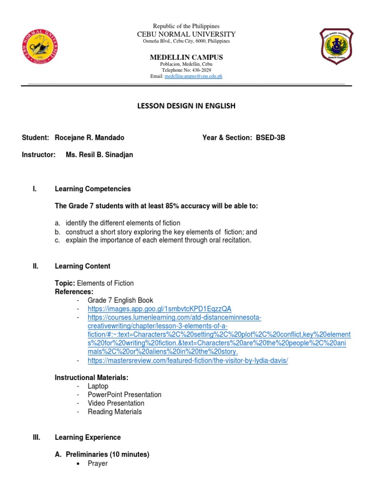 Grade 7 Lesson Plan: Elements of Fiction | PDF | Narration | Plot ...