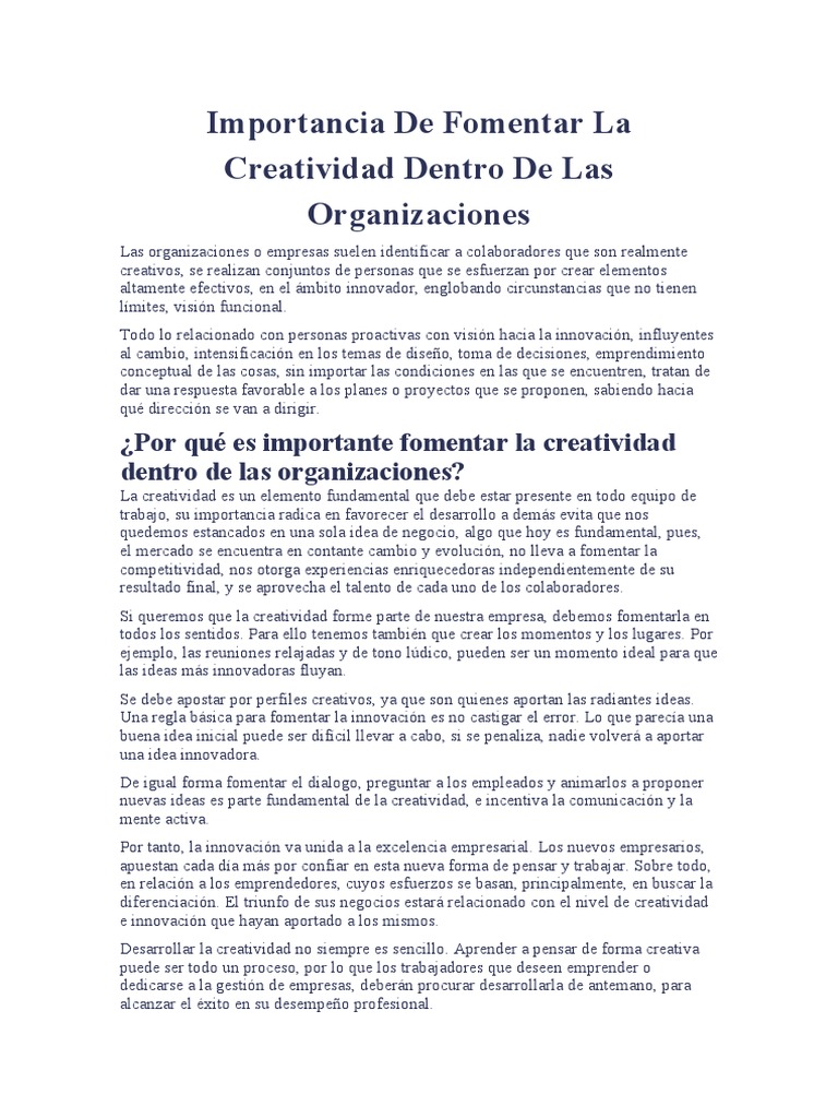 Importancia de Fomentar La Creatividad Dentro de Las Organizaciones | PDF | Creatividad ...