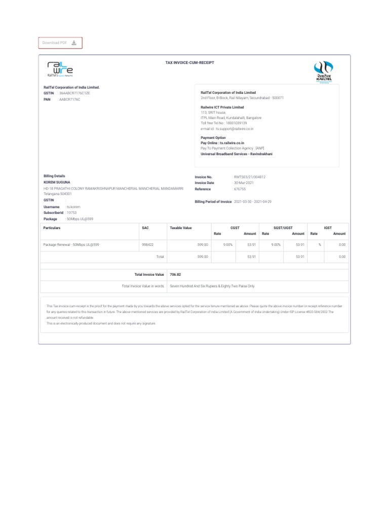 Railwire Billing March | PDF | Invoice | Receipt