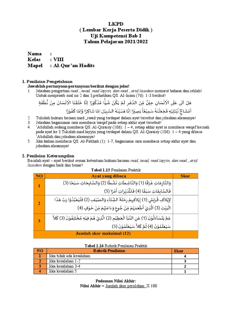 LKPD Qurdis Smester 1 Kls 8 | PDF