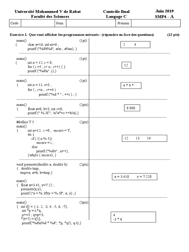 SMP4 2019 Controle Final | Descargar gratis PDF | C (Langage de programmation) | Notation