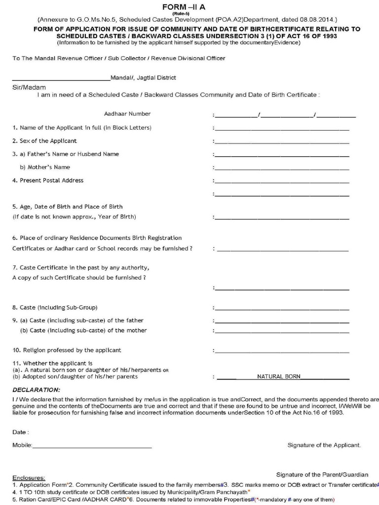 Caste Certificate Application Form Telangana | PDF