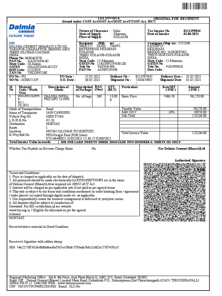 Tax Invoice for the Sale of 13 Metric Tons of Dalmia Infra Pro OPC 53 Cement from Dalmia Cement ...