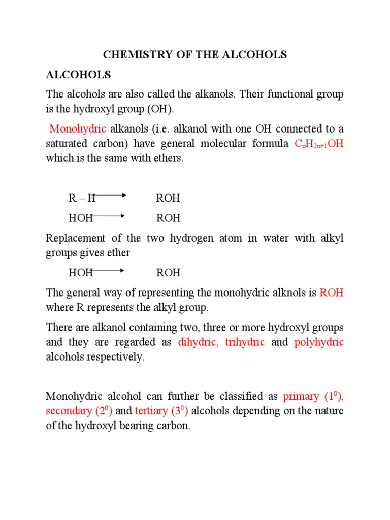Chemistry of The Alcohols Alcohols: Monohydric C H OH | PDF | Alcohol ...