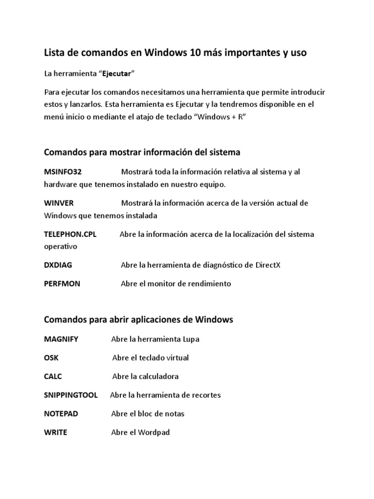 Lista de Comandos en Windows 10 | PDF | Microsoft Windows | Archivo de computadora
