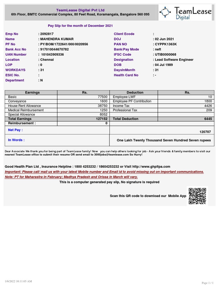 December 2021 - PaySlip | PDF | Payments | Taxes