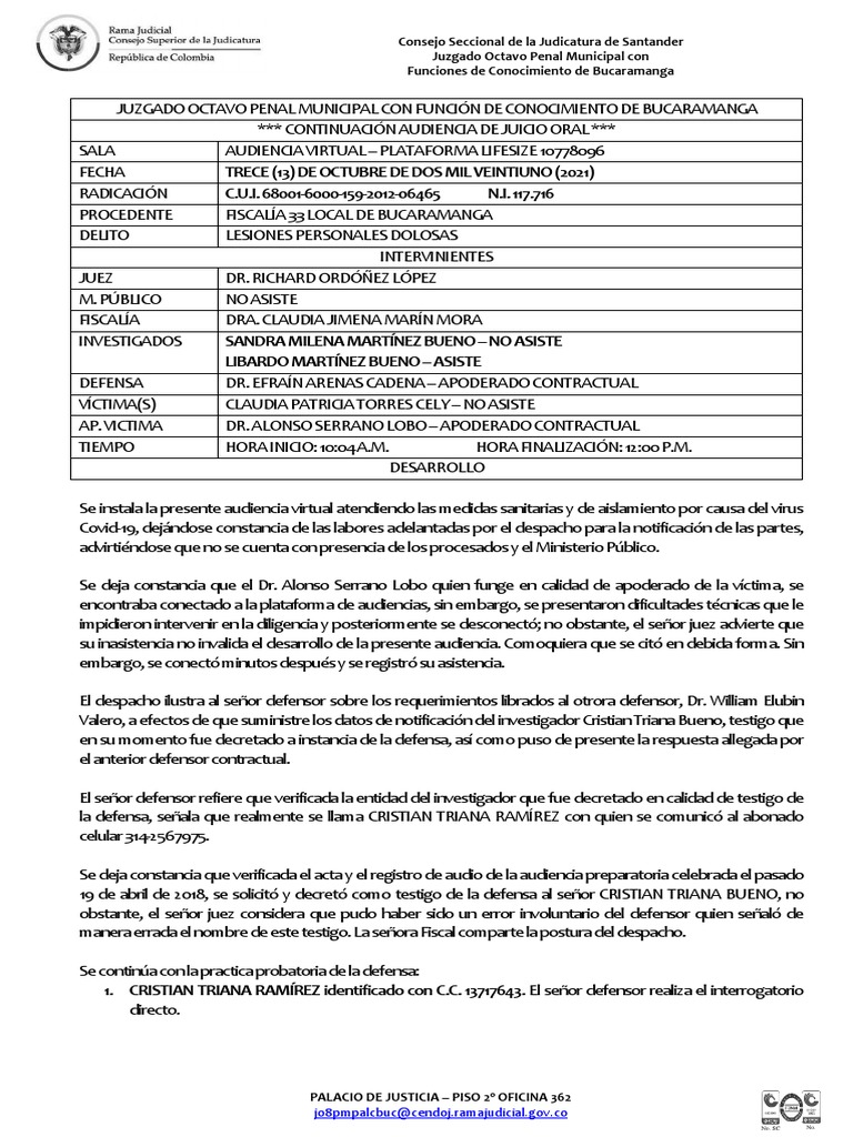 Acta Sandra y Libardo Martinez Bueno-13 Oct 2021 | PDF | Procedimiento legal | Separación de poderes