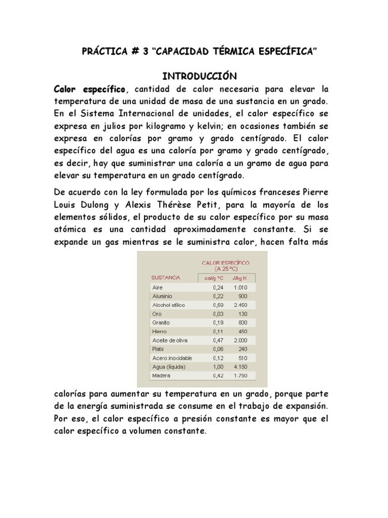 Practica Capacidad Termica Especifica | PDF | Caloría | Capacidad ...