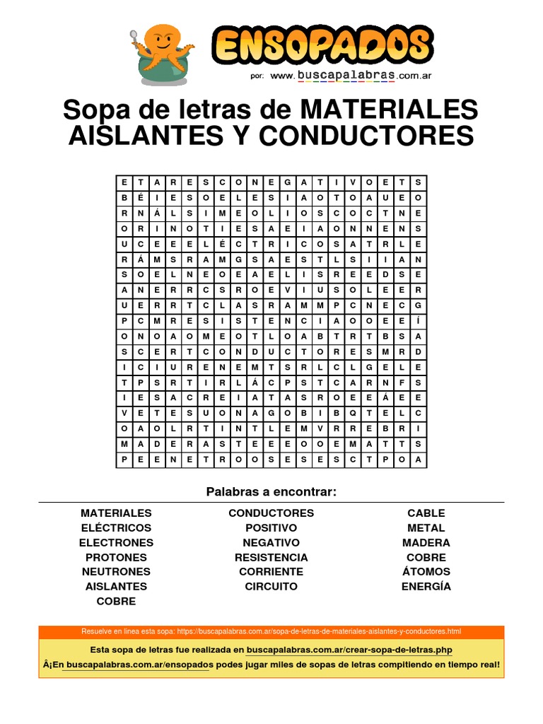 Sopa de Letras de Materiales Aislantes y Conductores | PDF