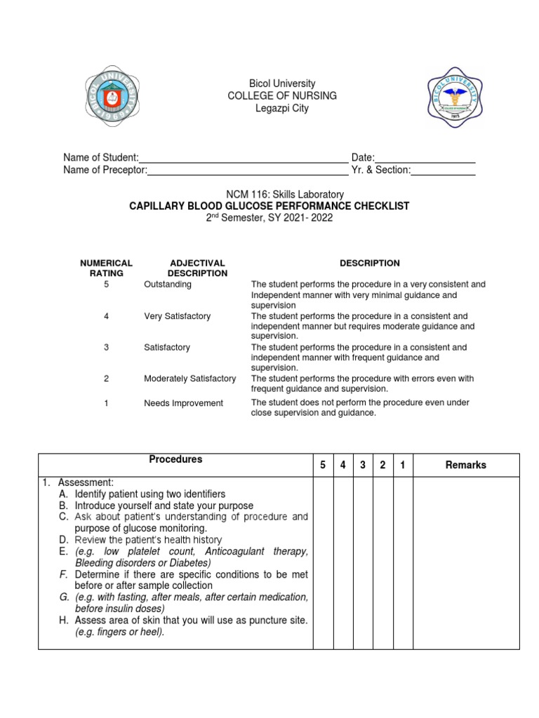 Capillary Blood Glucose Performance Checklist: Numerical Rating ...