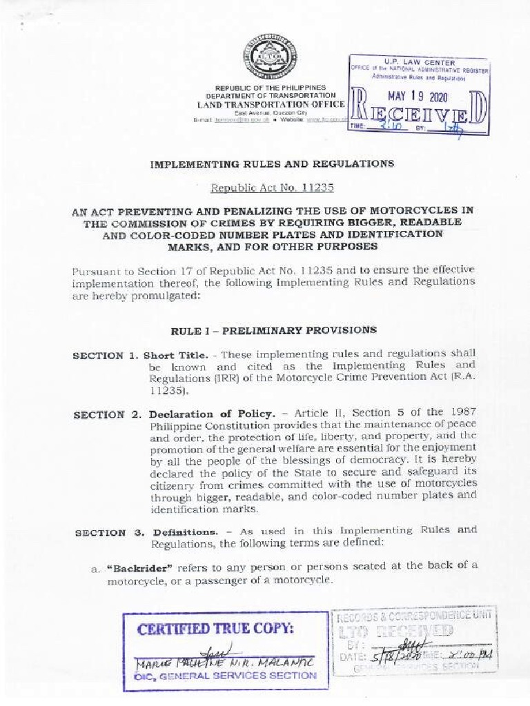 LTO IRR RA No 11235 | PDF