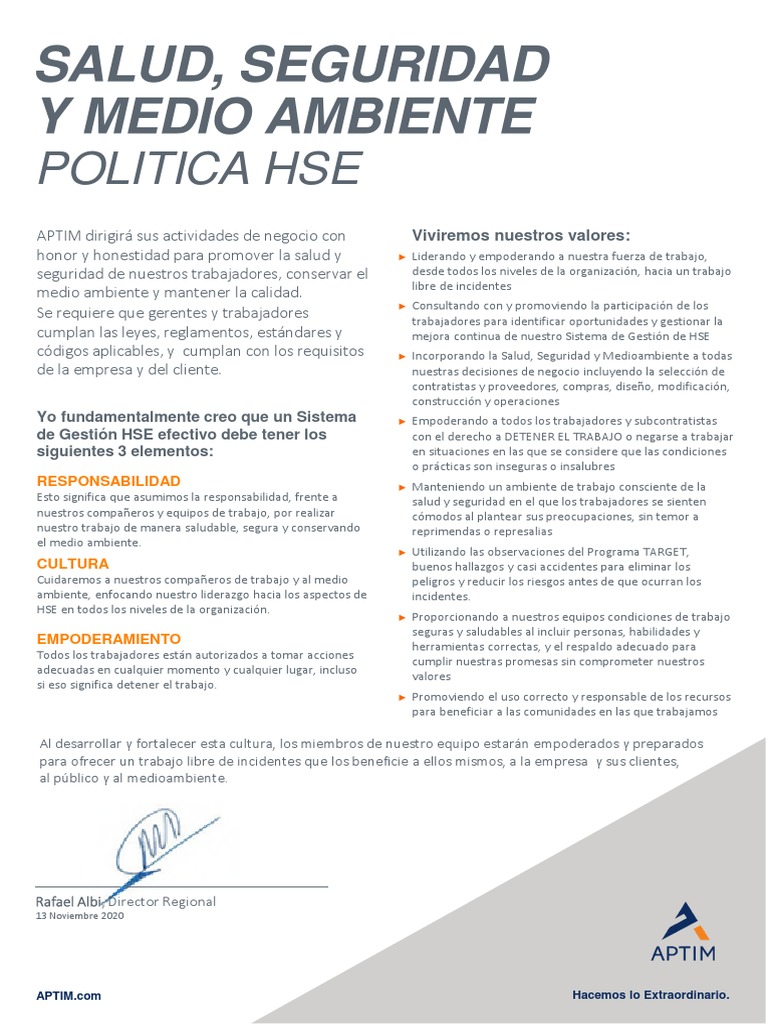 Salud, Seguridad Y Medio Ambiente: Politica Hse | PDF | Seguridad y ...
