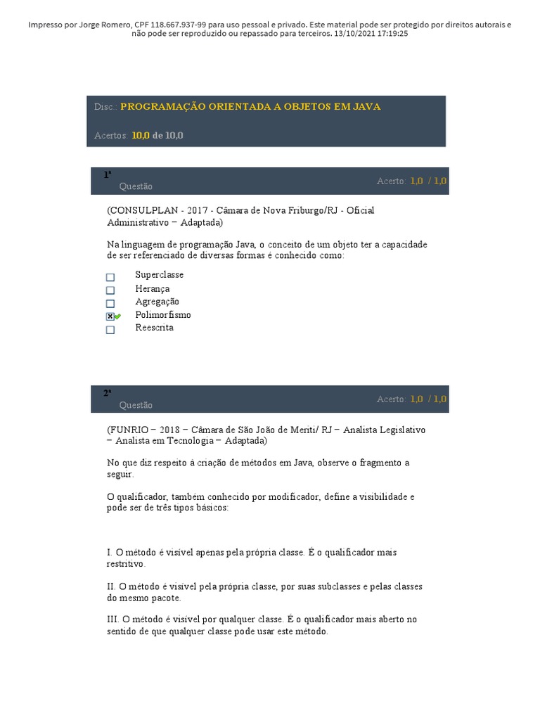 Simulado ProgramaÇÃo Orientada A Objetos Em Java 2 Pdf Java 8584
