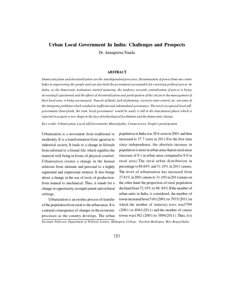 Urban Local Government in India: Challenges and Prospects | PDF | Taxes ...