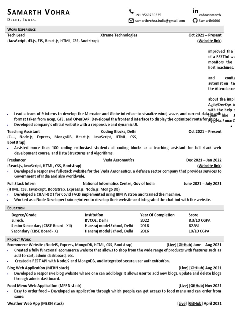 OC Samarth Vohra RESUME Changed | PDF | Bootstrap (Front End Framework) | Java Script