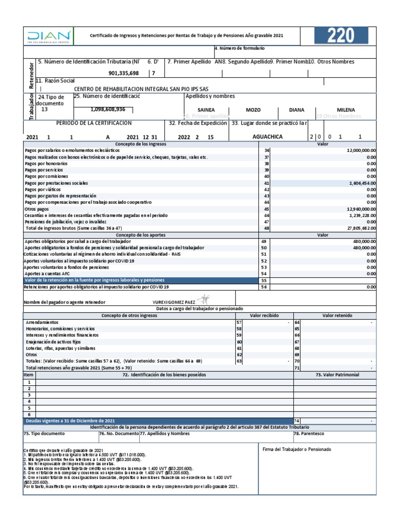Formato 220 Certificado de Ingresos y Retenciones Año 2021 | PDF ...