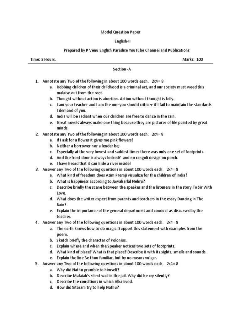 Inter 2nd Year English Model Question Paper Prepared by Me | PDF | Verb ...