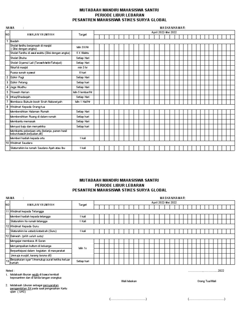 Mutaba'Ah Liburan SANTRI-1 | PDF