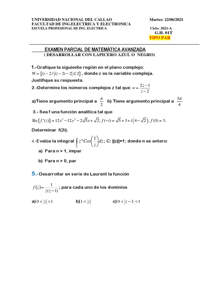 Examen Parcial (Tipo Par) .PDF - de Matematica Avanzada Electrica 2021-A (Unac) | PDF