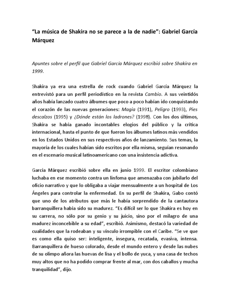 García Márquez: Elogios a Shakira | PDF | Gabriel García Márquez