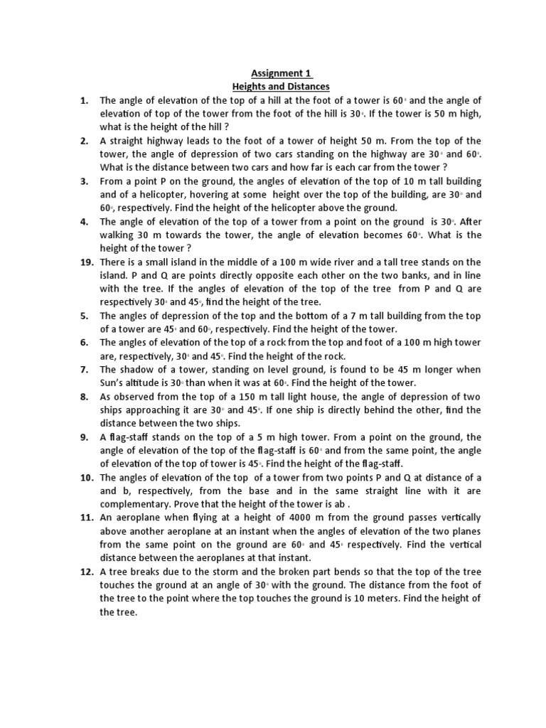 Assignment 1 Trigo Class 10 | PDF | Height | Metrology