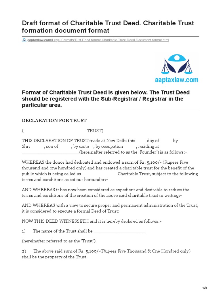 Draft Format of Charitable Trust Deed Charitable Trust Formation ...