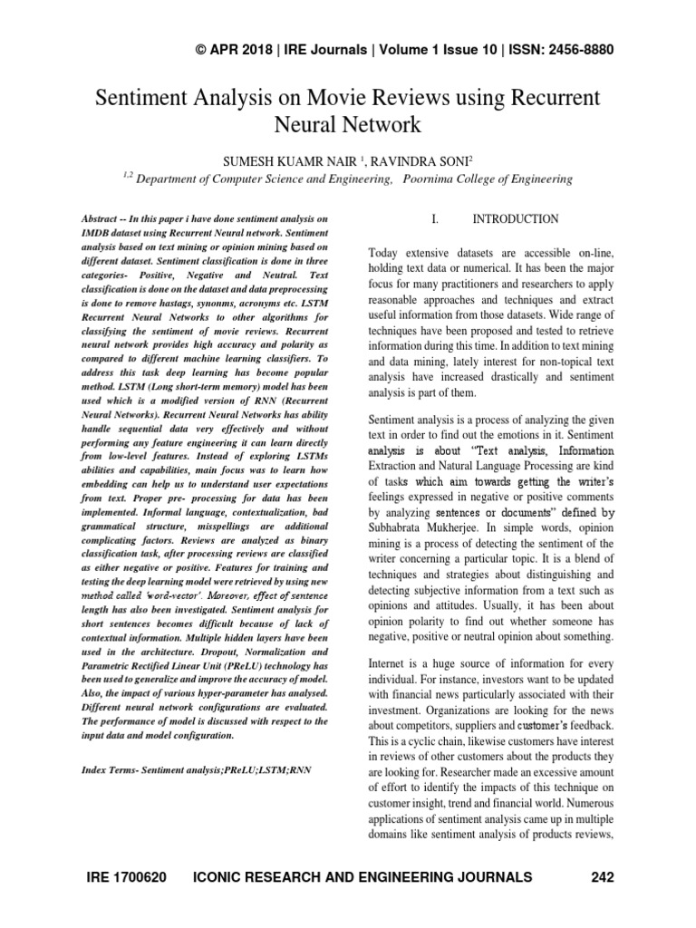 Sentiment Analysis On Movie Reviews Using RNN | Download Free PDF ...