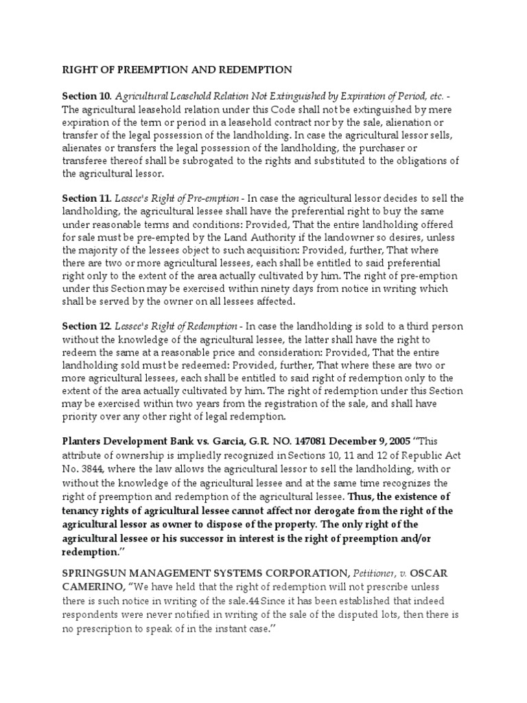 Right of Redemption and Pre-Emption Tenant | PDF | Lease | Leasehold Estate