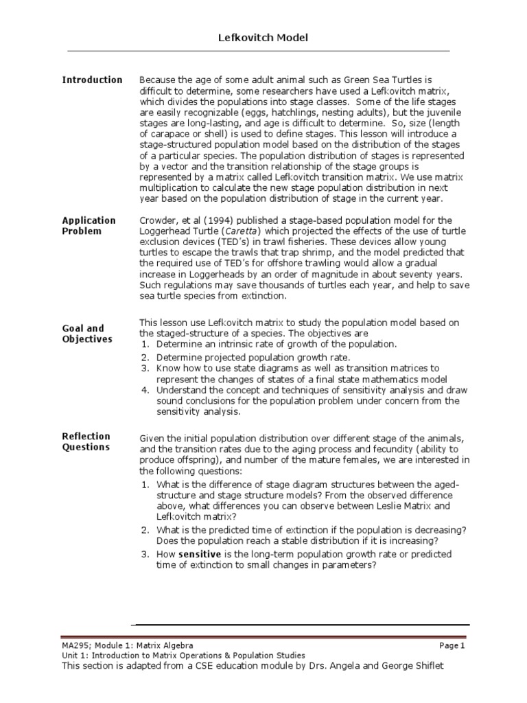 Lefkovitch Model: MA295 Module 1: Matrix Algebra Unit 1: Introduction ...
