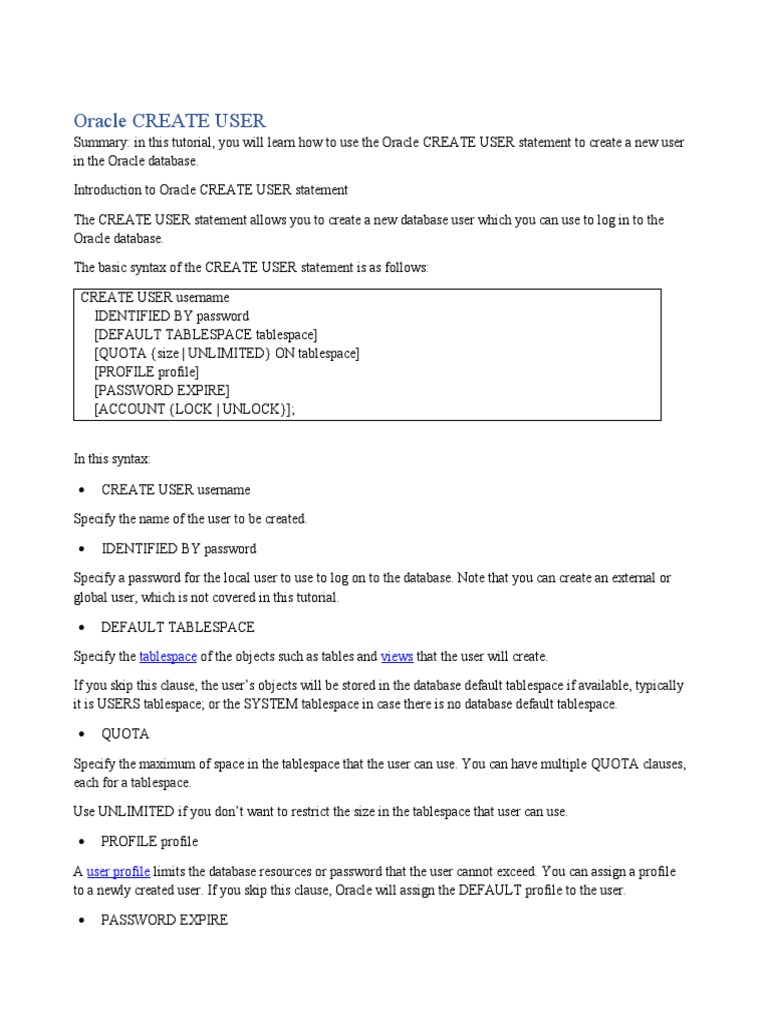 Oracle CREATE USER | PDF | User (Computing) | Databases